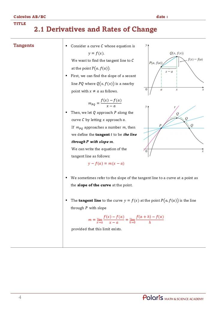 AP Calculus Prep Note Unit 2 - 크몽