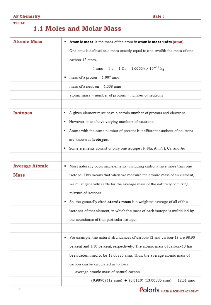 AP Chemistry Prep Note Unit 1 - 크몽