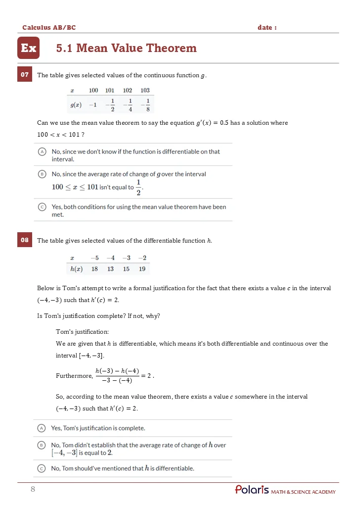 AP Calculus Prep Note Unit 5 - 크몽